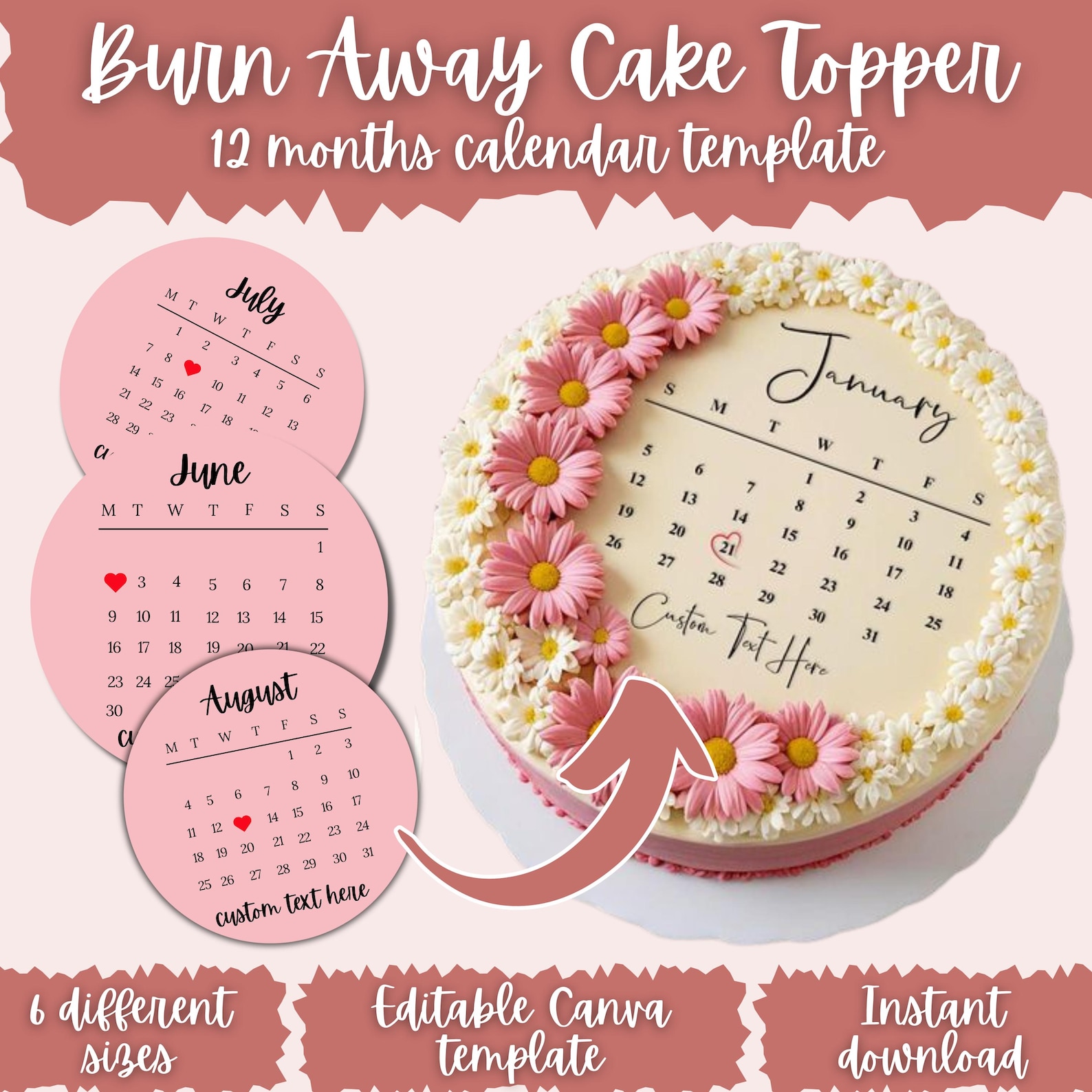 Custom Burn Away Round Cake Topper Calendar Template, Personalized ...