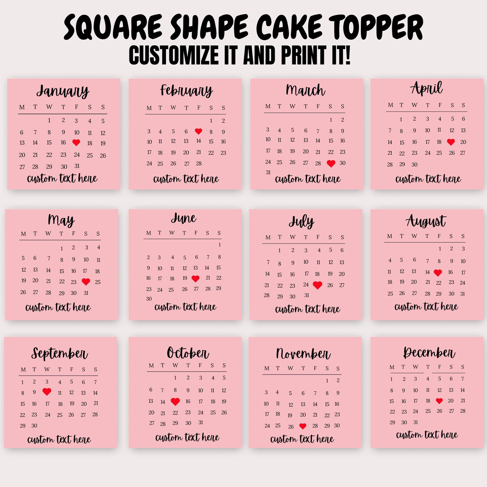 Custom Burn Away Square Cake Topper Calendar Template, Personalized ...