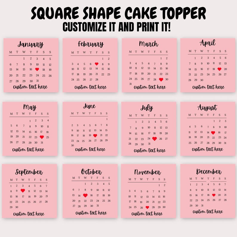 Custom Burn Away Square Cake Topper Calendar Template, Personalized ...