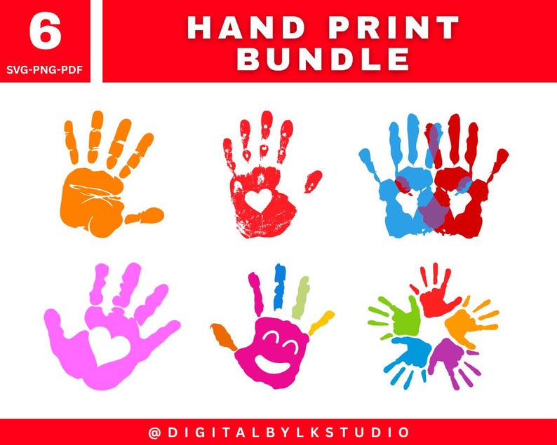 Colorful Handprint SVG Bundle | Kids Hand Print Clipart | Heart ...
