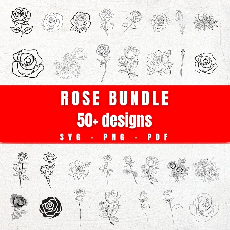 50 Rose Flower SVG Bundle | Rose Line Art Clipart PNG PDF | Floral ...