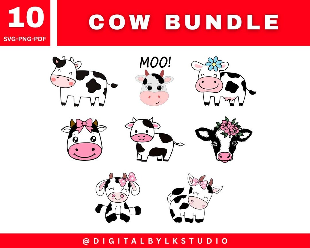 Cute Cow Bundle – 10 Adorable Cow Clipart Designs SVG PNG PDF, Farm ...