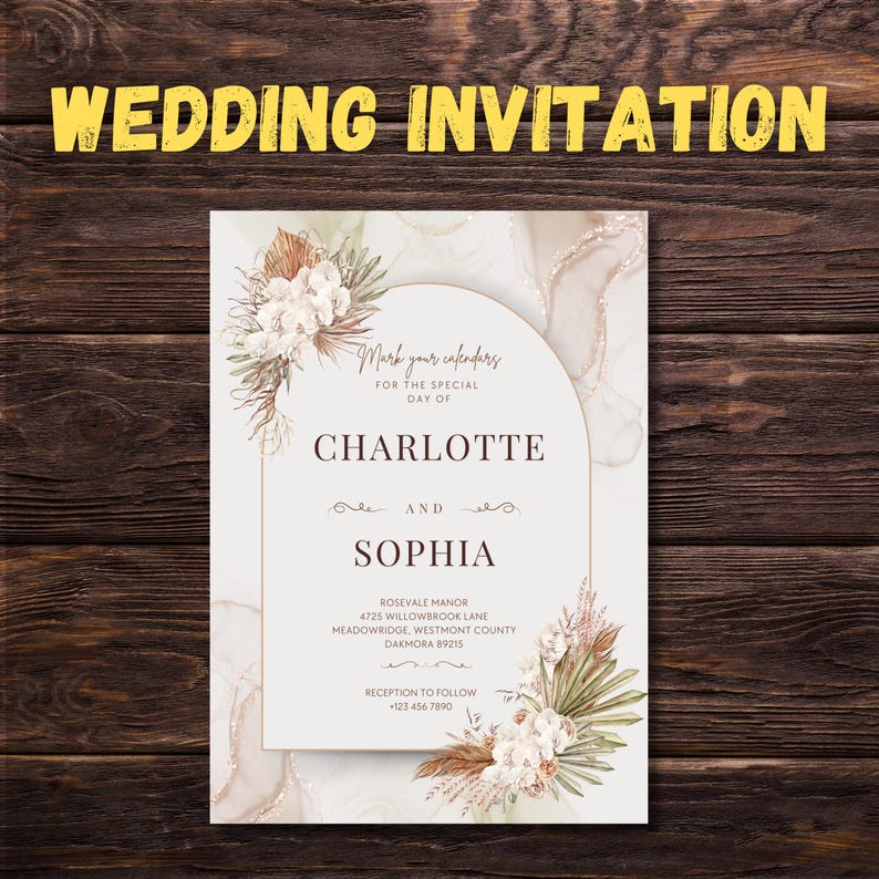 Brown and Cream Flower Editable Wedding Invitation Template | Printable ...