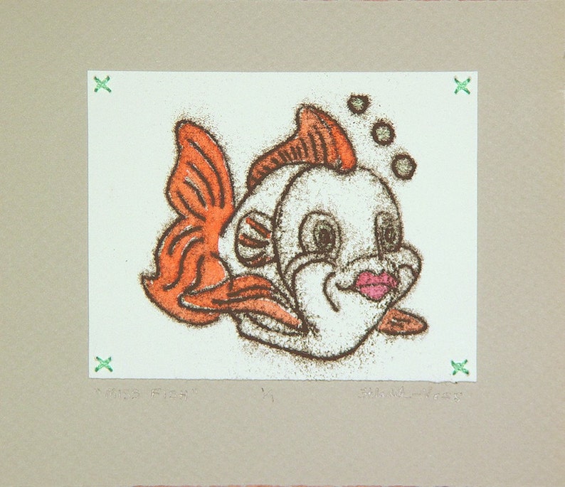 Goldfish Cartoon Monotype Wall Art Hand Colored Original Print 7 X 6 ...