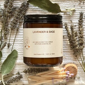 Lavender, & Sage, Pure Essential Oil Aromatherapy Scented Candle, Soy ...