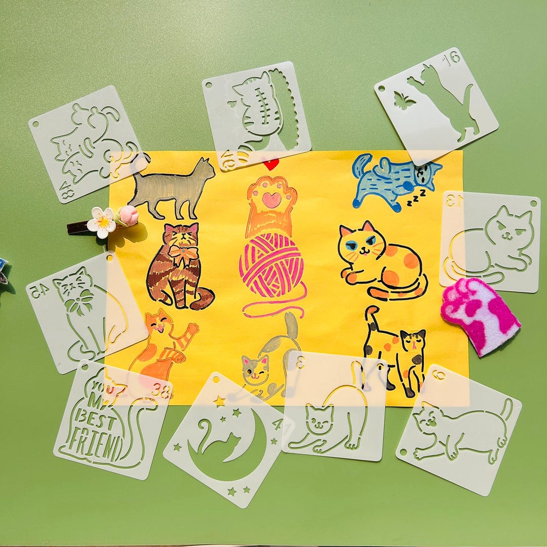 Cute Cat Stencils for Painting, 64PCS Cat Theme Patterns Small Stencils for Crafts Reusable ...