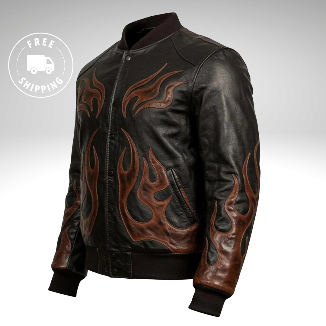 Men’s Black Leather Flame Bomber Jacket | Vintage Biker Motorcycle ...