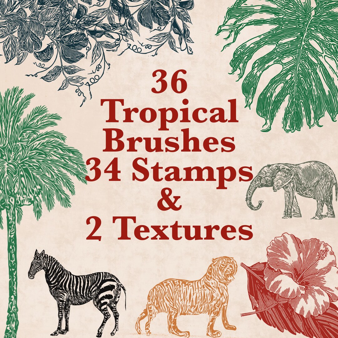 34 Tropical Stamps & 2 Rustic Texture Brushes for Procreate - Etsy