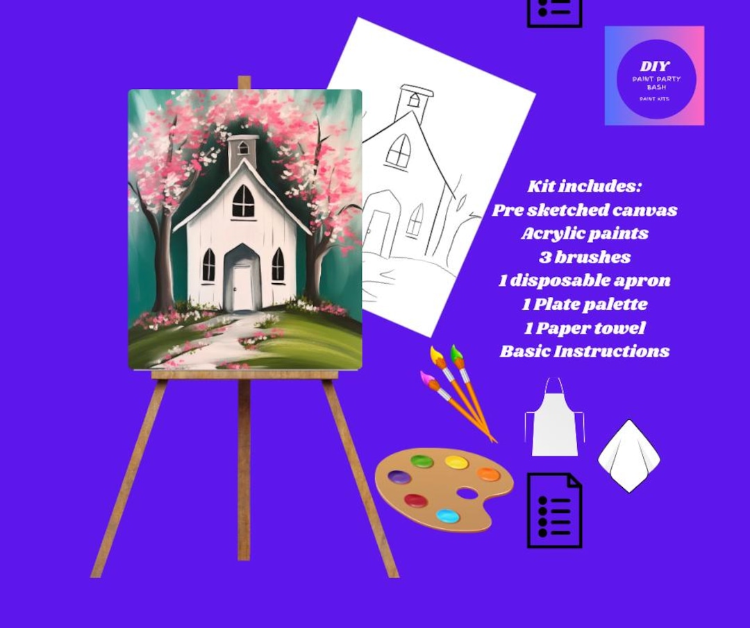 DIY Paint Party Kit, White Church With Steeple and Spring Scenic ...