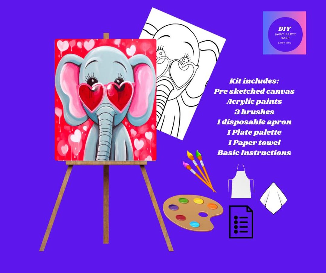 Valentines Day, Elephant With Hearts , Paint Party, Party, Canvas Art ...