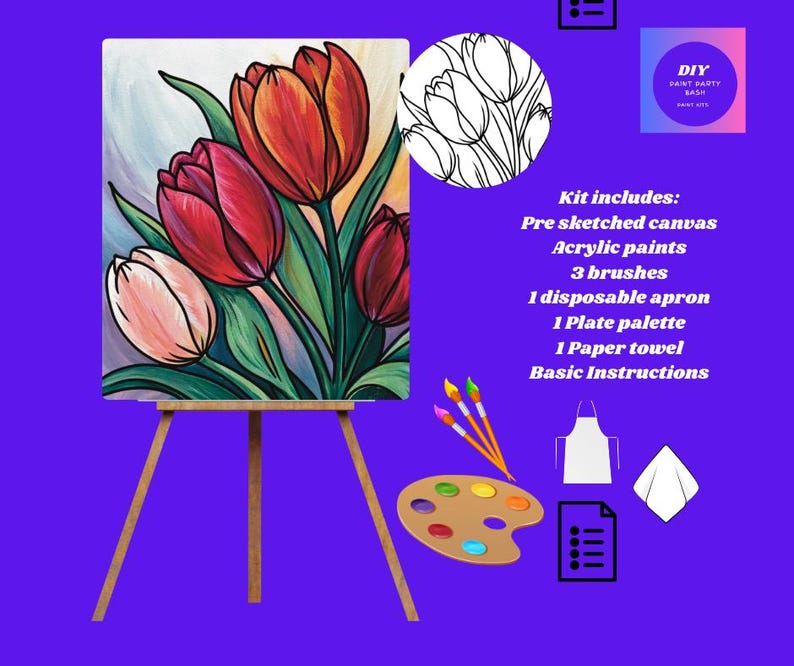 Tulip Flower DIY Paint Kit , Pre Drawn Canvas Kit, Spring Art Activity ...