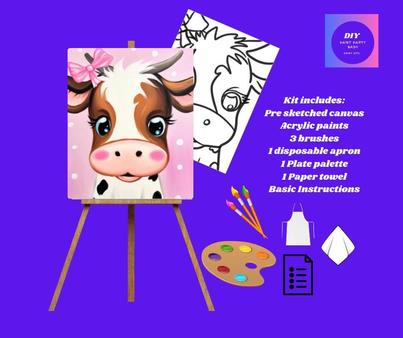 Cute Cow With Pink and White Background, Perfect for Kids Paint Party ...