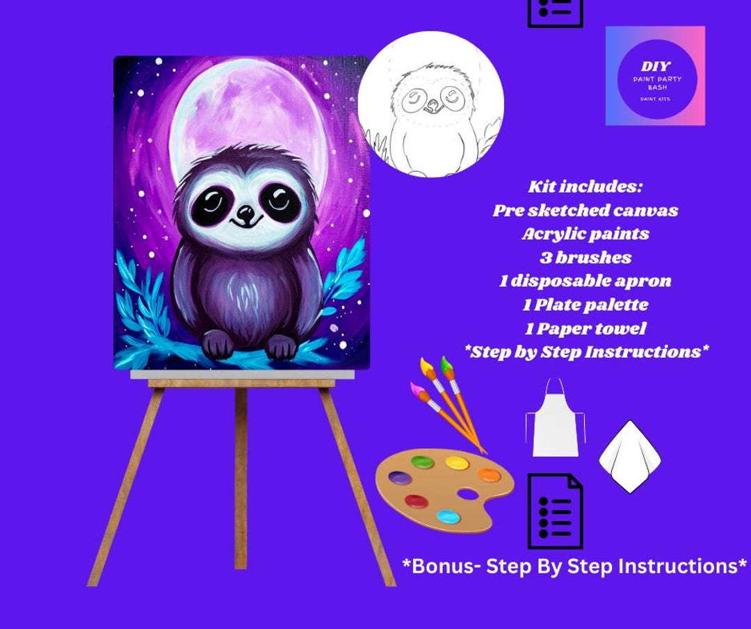 Sloth Paint Party DIY Kit, Moonlight Scenery , Canvas Art, Perfect for ...