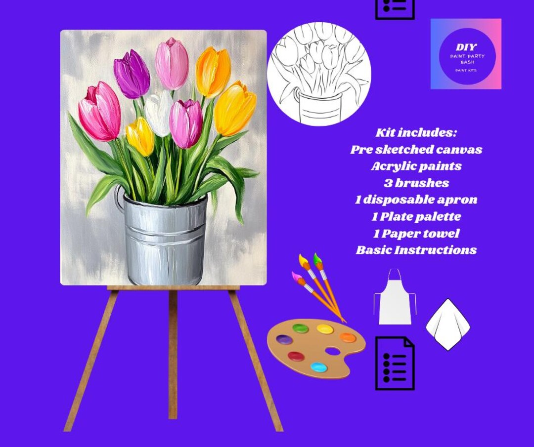 Tulip in Bucket DIY Paint Kit, Pre Drawn Colorful Floral Canvas ...