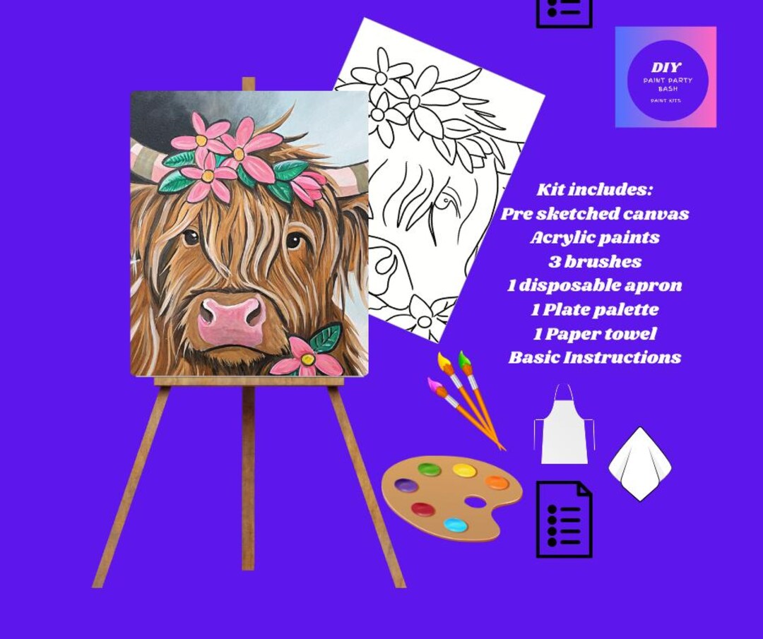 Paint Party DIY Kit, Highlander Cow With Pink Flowers, Canvas Art ...