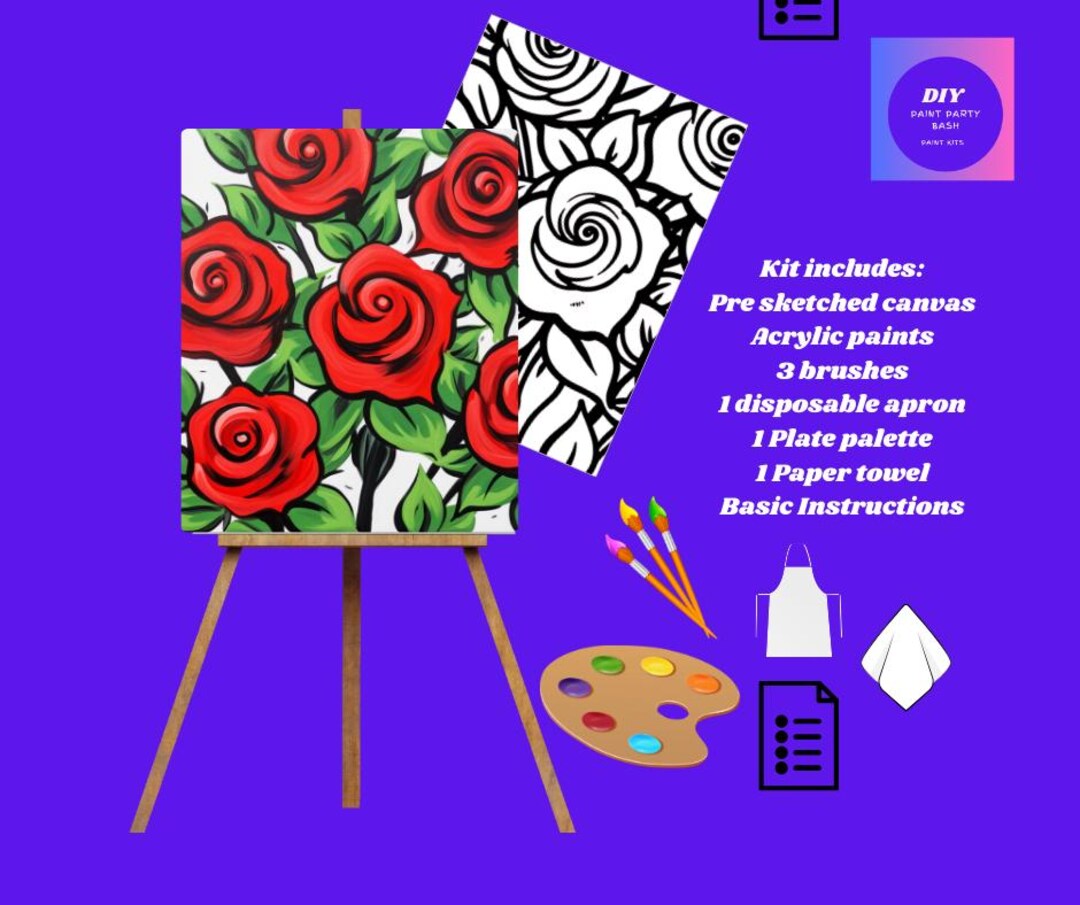 Red Roses Paint Party Kit , Ladies Night , Paint Party, Canvas Art ...
