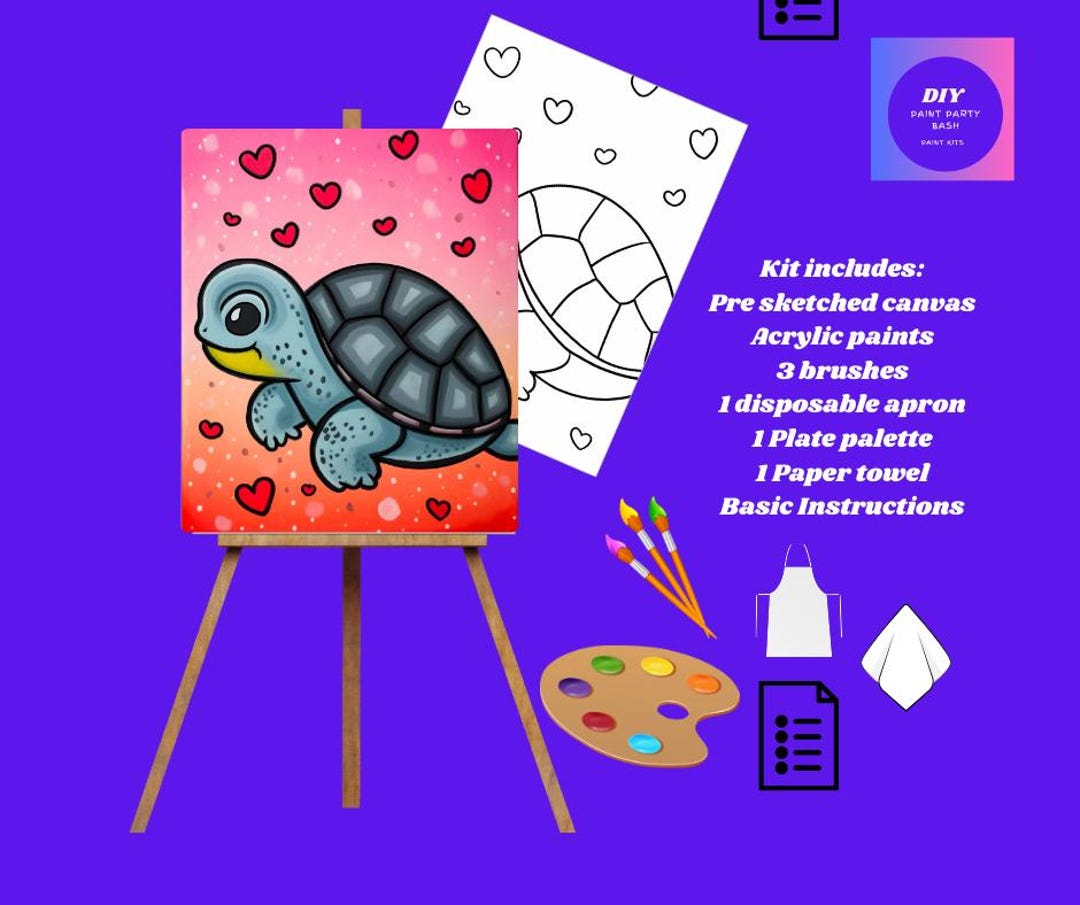 Valentines Day, Turtle Surrounded by Hearts, Paint Party, Canvas Art ...