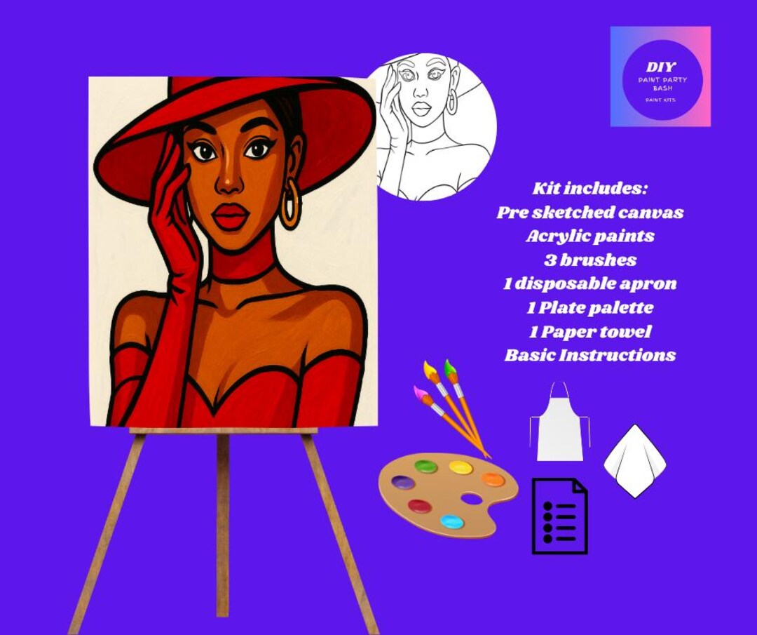 Lady in Red DIY Paint Party Kit: Pre-drawn Canvas, Acrylics - Etsy
