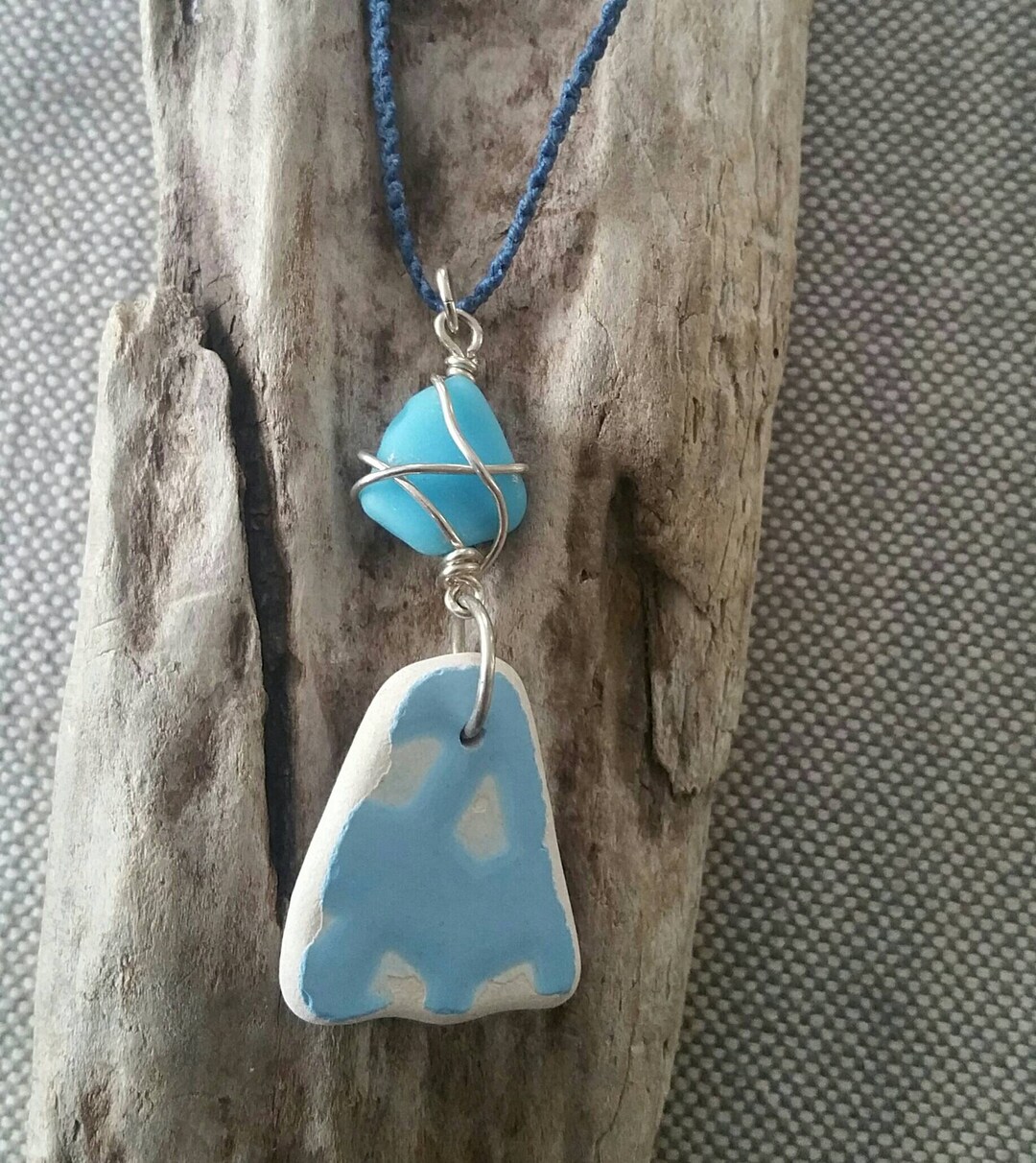 Genuine Blue Milk Sea Glass and Pottery Necklace Irish Waxed Linen Sea ...