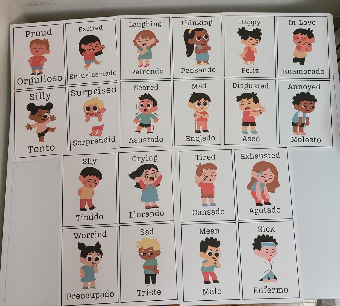 20 Spanish Feelings Flashcards | English Spanish Printable | Flashcards ...