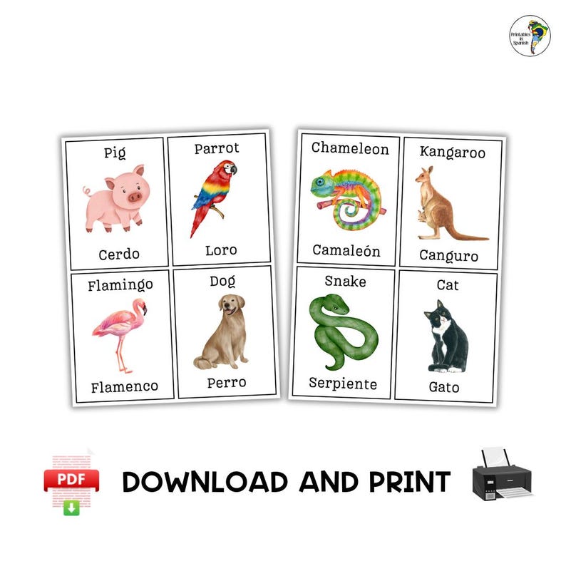 60 Spanish Animals Flashcards | English Spanish Printable | Watercolor ...