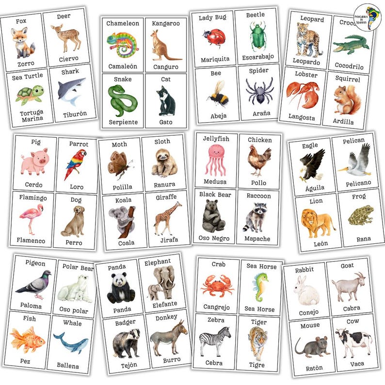 60 Spanish Animals Flashcards | English Spanish Printable | Watercolor ...