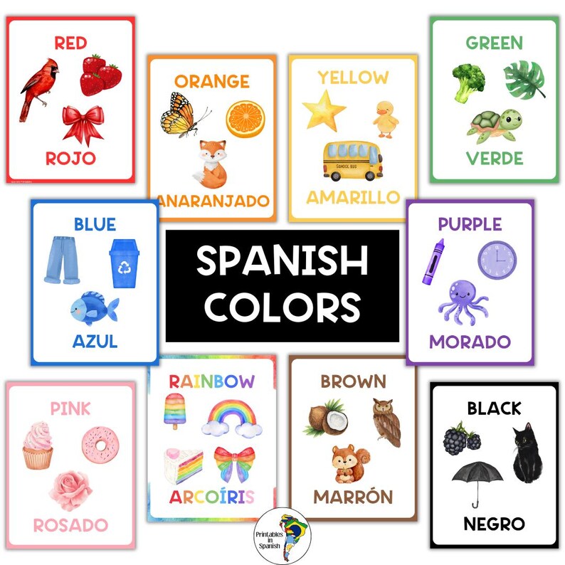 12 Spanish Colors Posters | English Spanish Printable | Watercolor ...