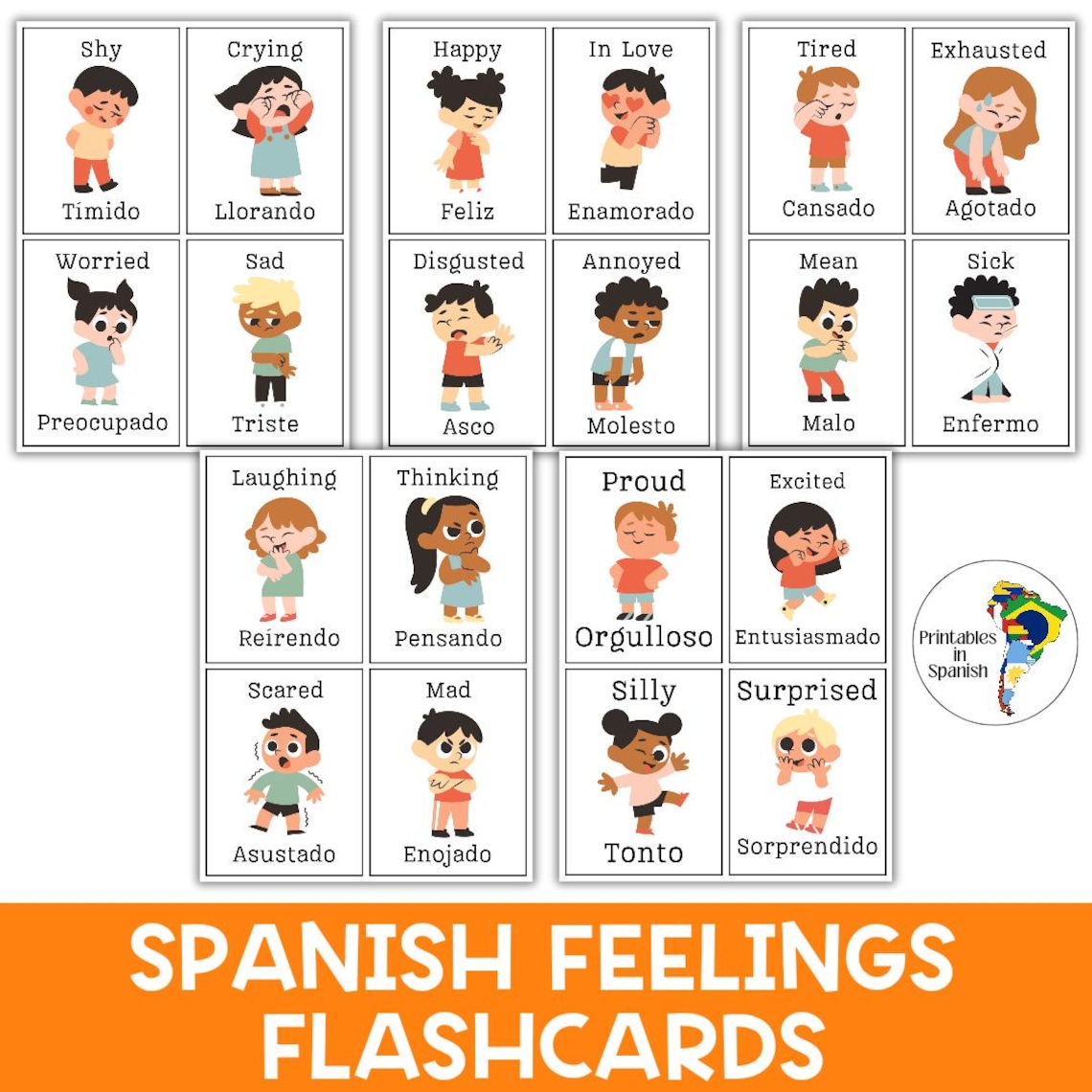20 Spanish Feelings Flashcards | English Spanish Printable | Flashcards ...