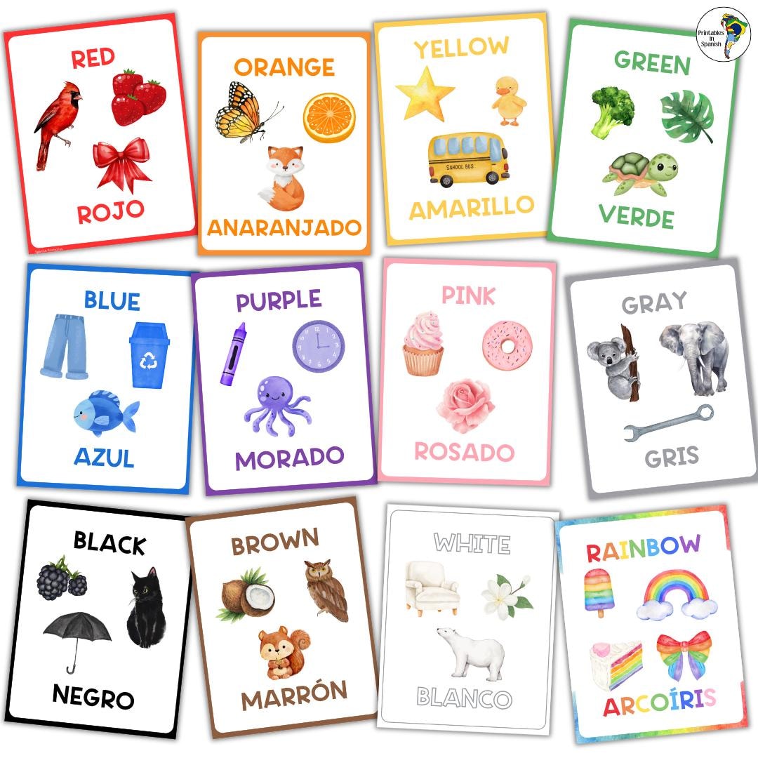 12 Spanish Colors Posters | English Spanish Printable | Watercolor ...