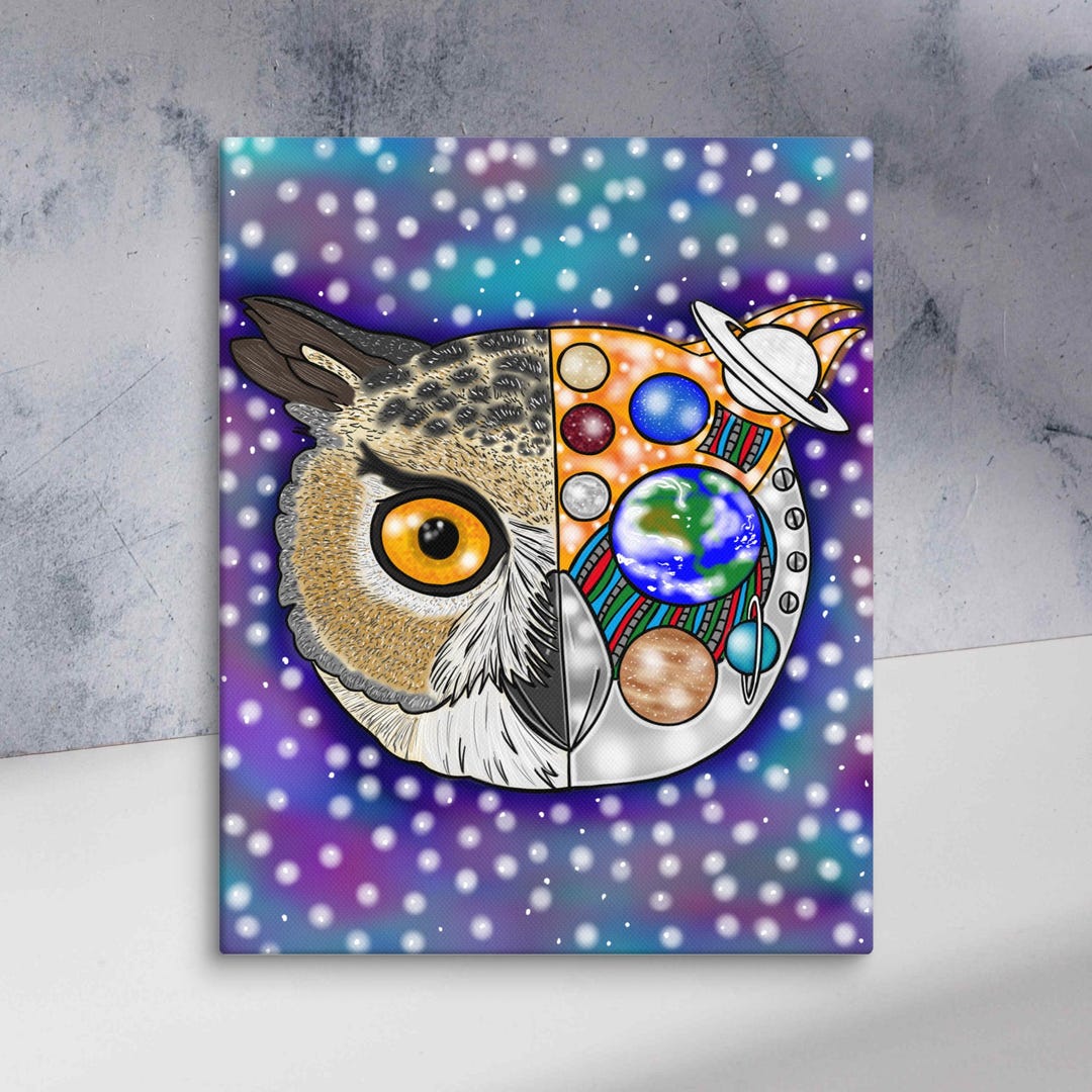 Cyborg Eagle Owl Art Print 8X10 Hand-drawn Space Planets Unique ...