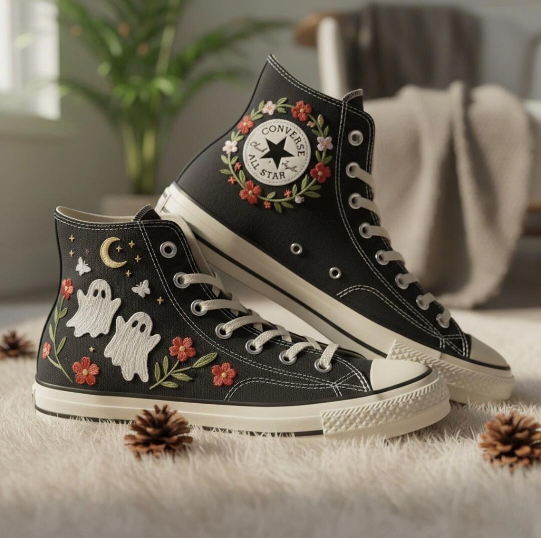 Hand-embroidered Ghost Garden Converse – High Top Sneakers - Etsy