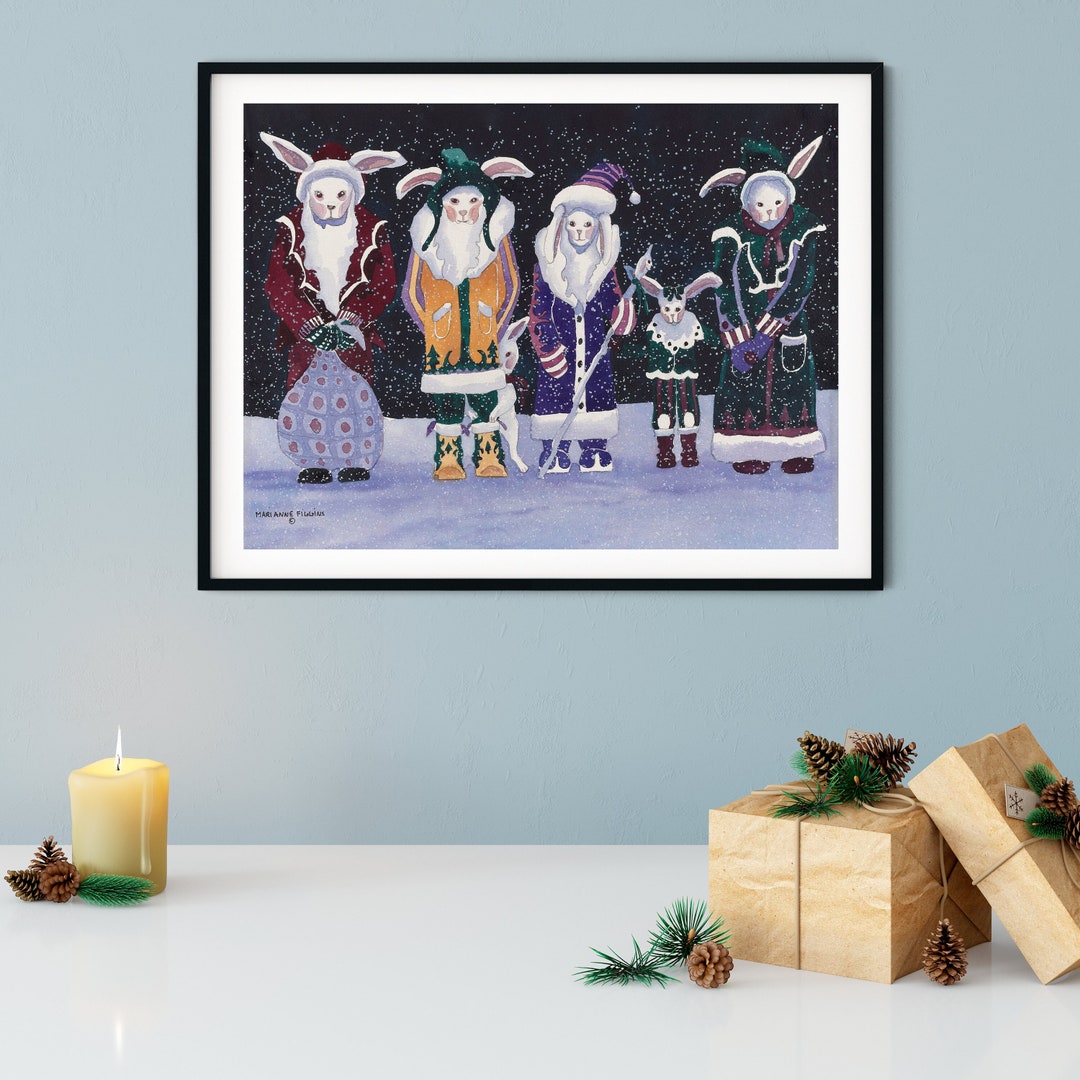 Winter Bunnies Art Print Rabbit Watercolor Painting Holiday - Etsy