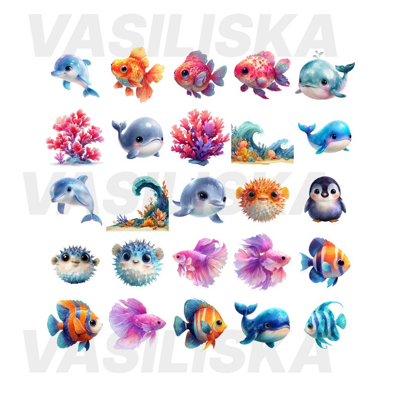 Watercolor Cute Sea Animals, Baby Shower Decor With, Cute Sea Creature ...