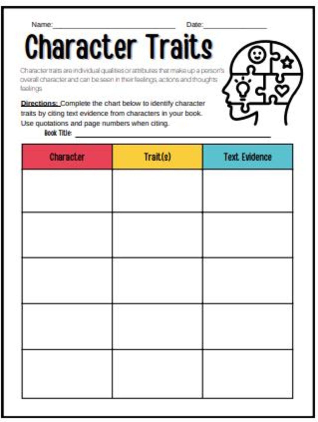 Character Trait Chart-pdf - Etsy