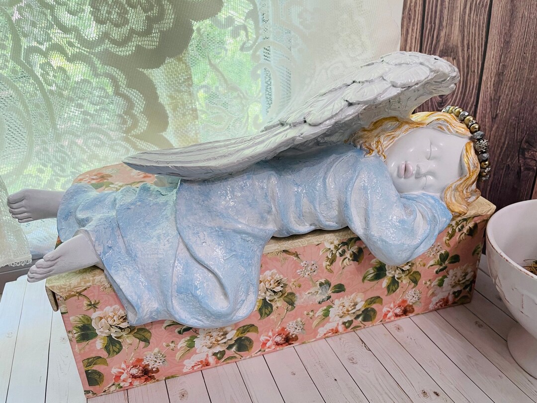 French Country Decorated Statue Sleepy Angel Shelf Sitter Crown Vintage ...