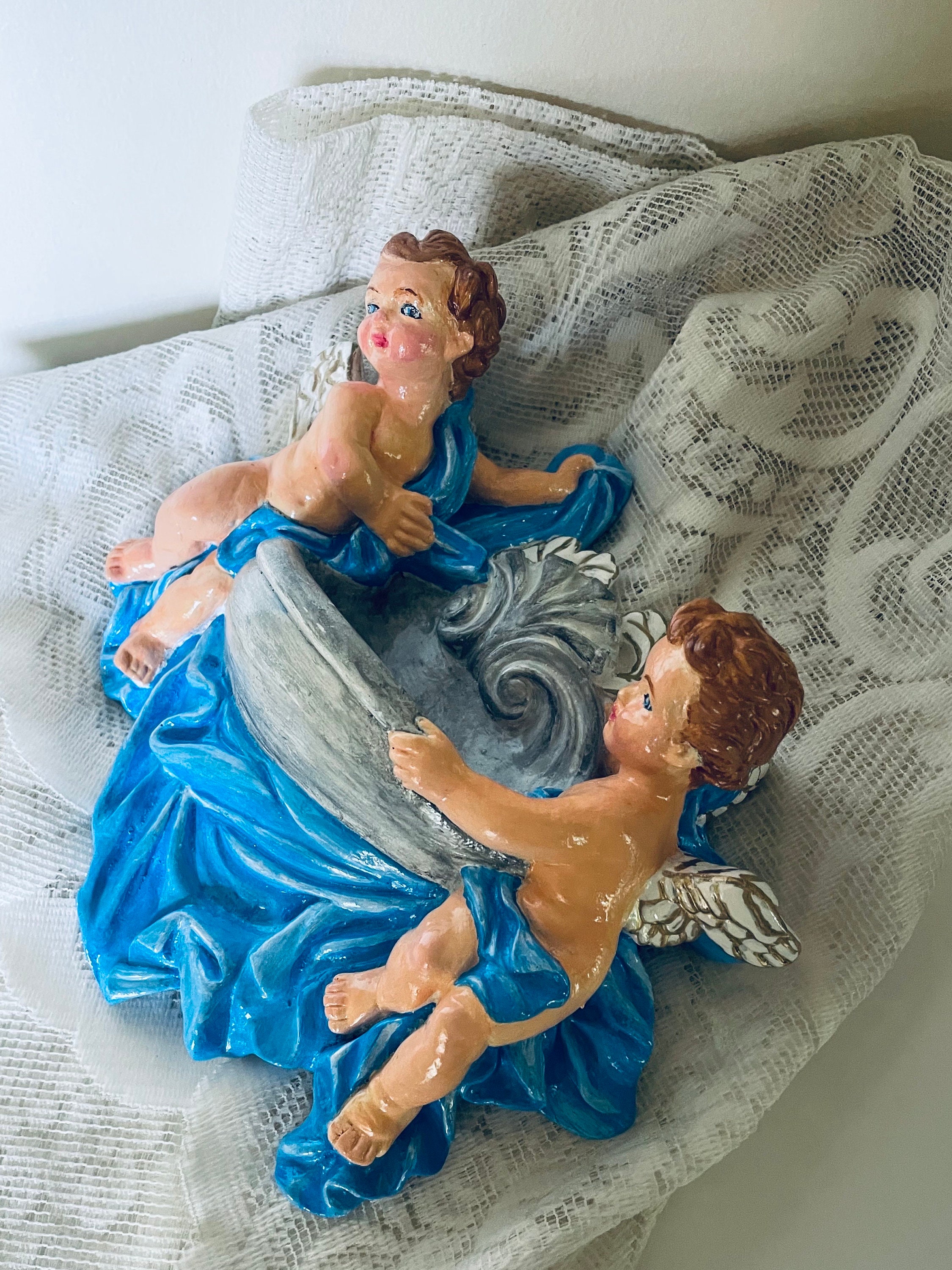 Exquisite Vintage Cherub Angel Holy Water Font Fountain - Hand-painted ...