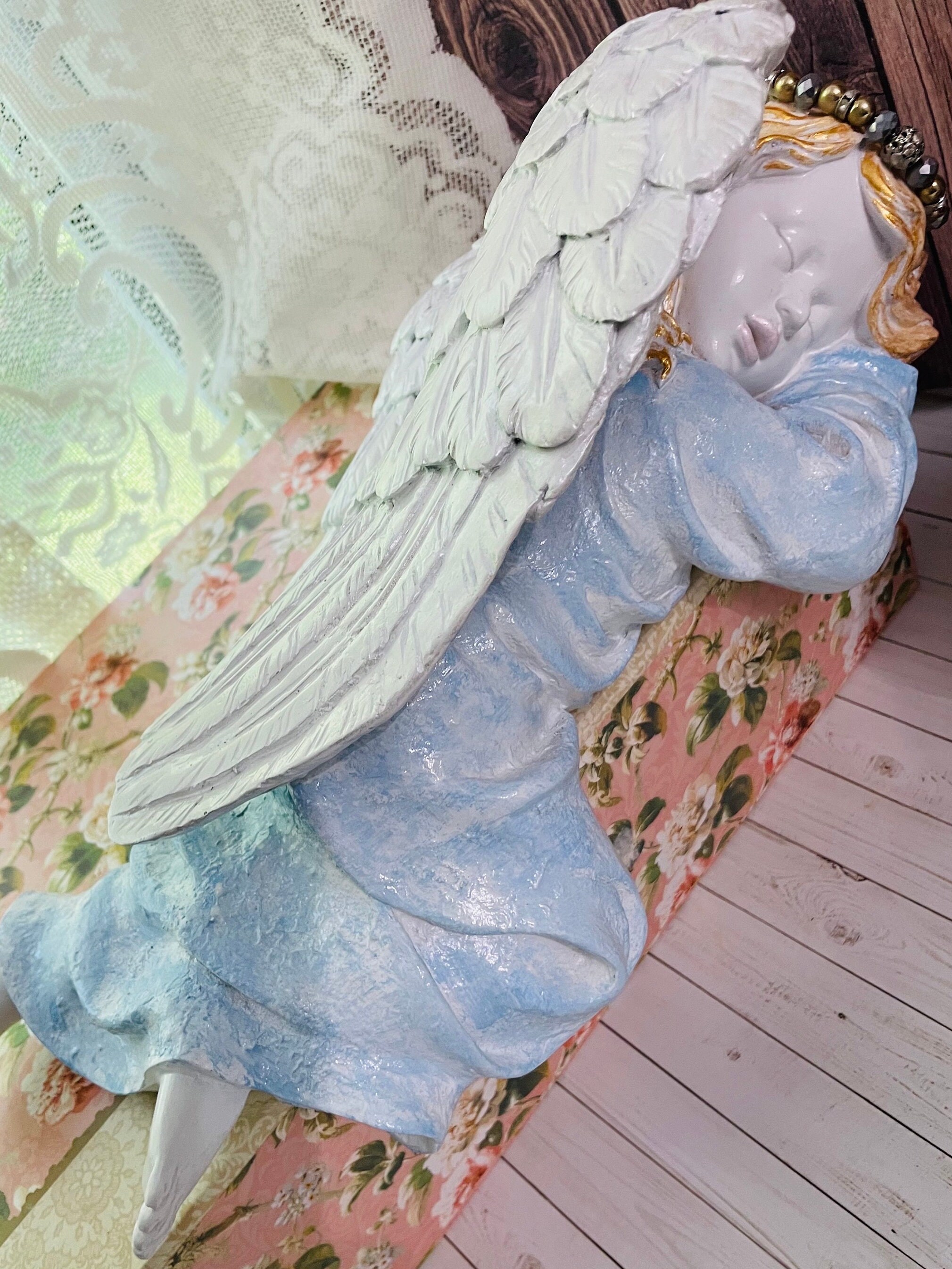 French Country Decorated Statue Sleepy Angel Shelf Sitter Crown Vintage ...