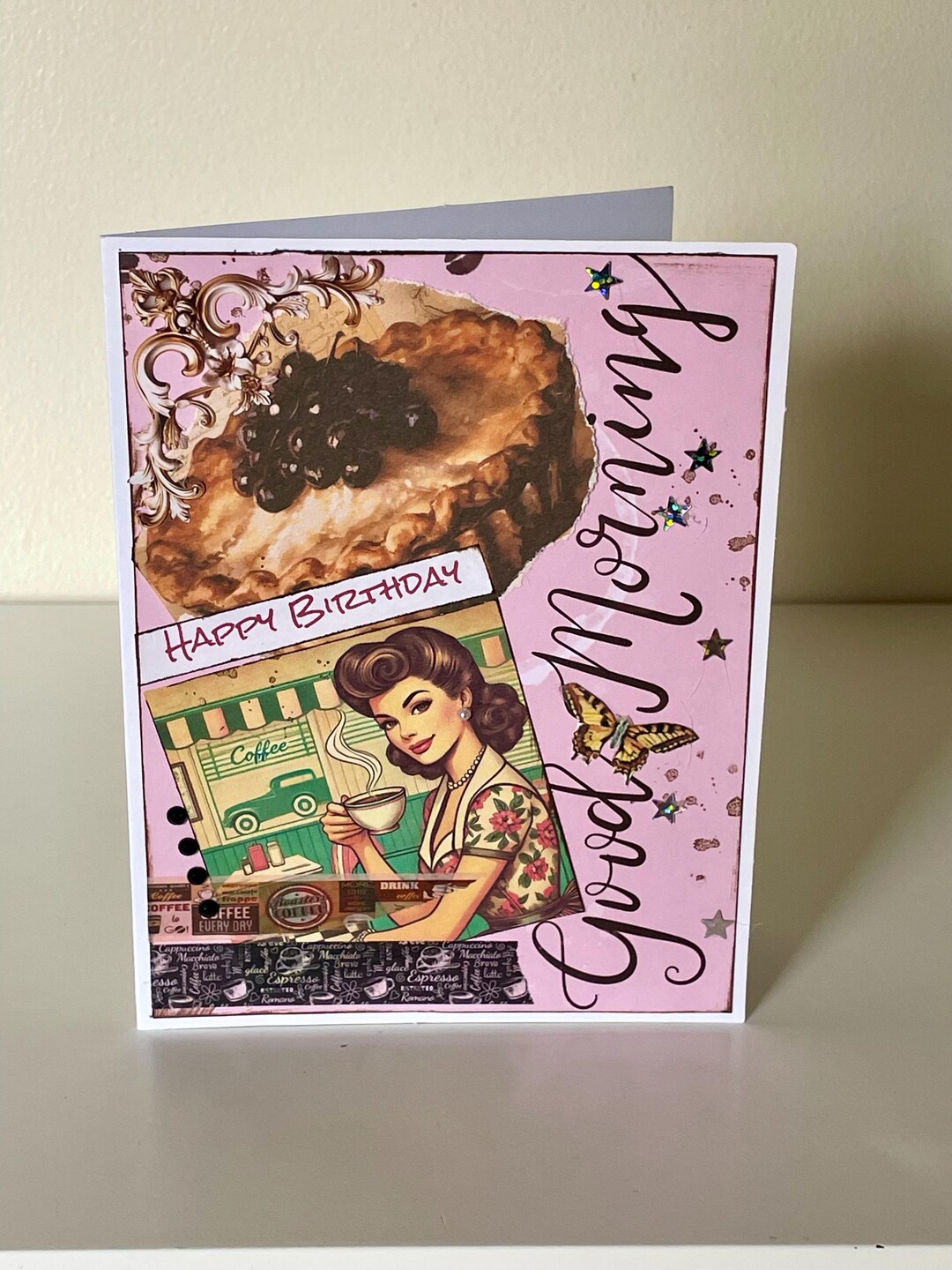 Birthday Coffee Handmade Retro Style Mixed Media Greeting Card Woman ...