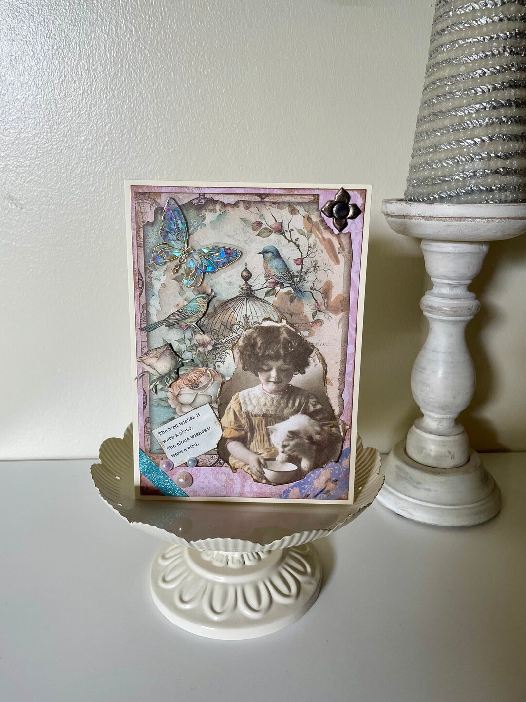 Victorian Style Bird Cat Girl Mixed Media - Handmade Card OOAK - Etsy