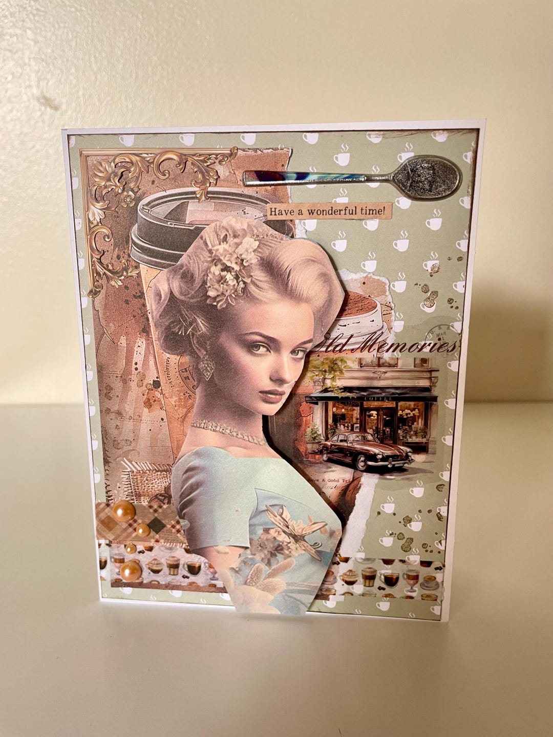 Coffee Birthday Handmade Vintage Style Mixed Media Greeting Card Woman ...