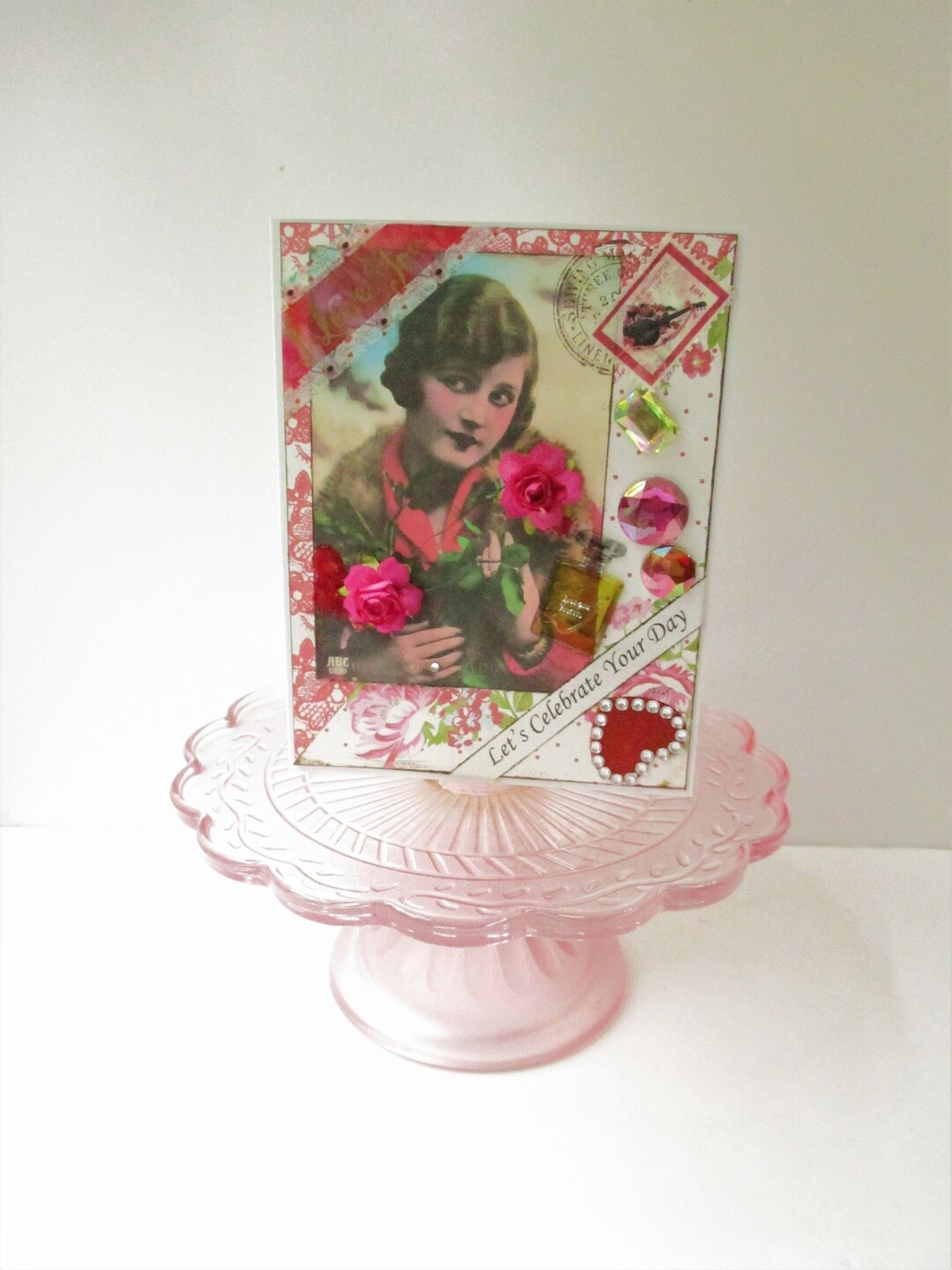 BIRTHDAY Card Handmade Vintage Style Victorian Woman Greeting Card Pink ...