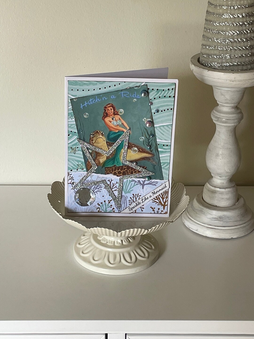 Handmade Retro Style Birthday Card Mermaid Riding Turtle Unique ...
