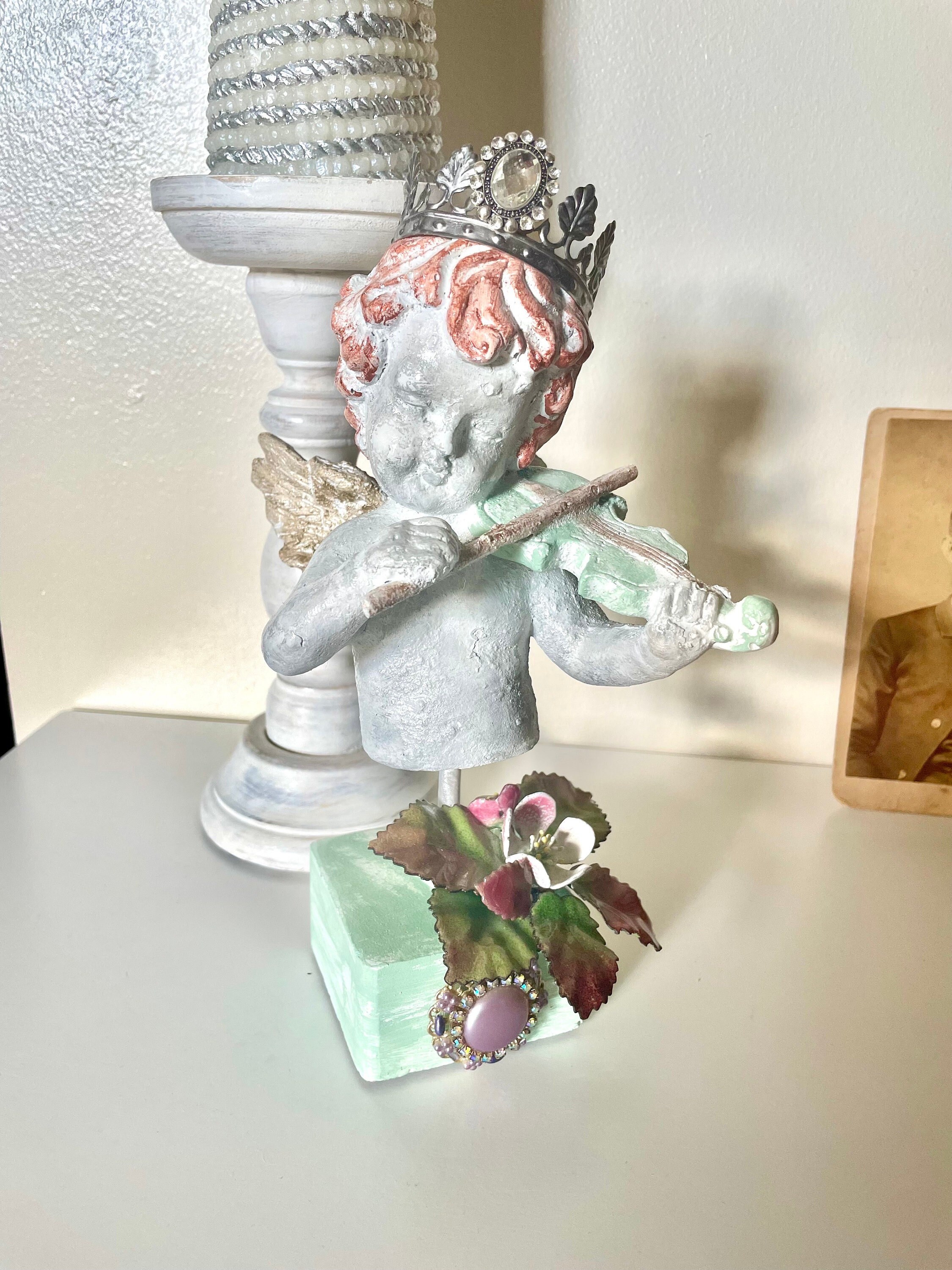 French Country Decorated Violin Statue Angel Crown Vintage French ...