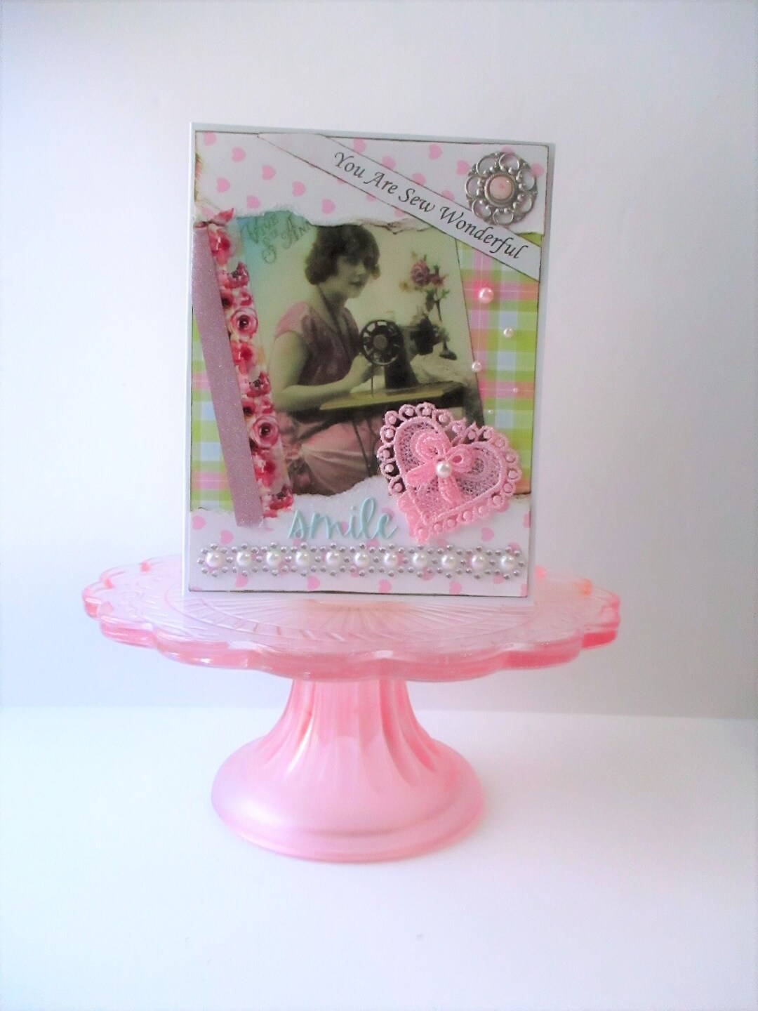 BIRTHDAY Card Handmade Vintage Style Greeting Card Sewing Craft Woman ...