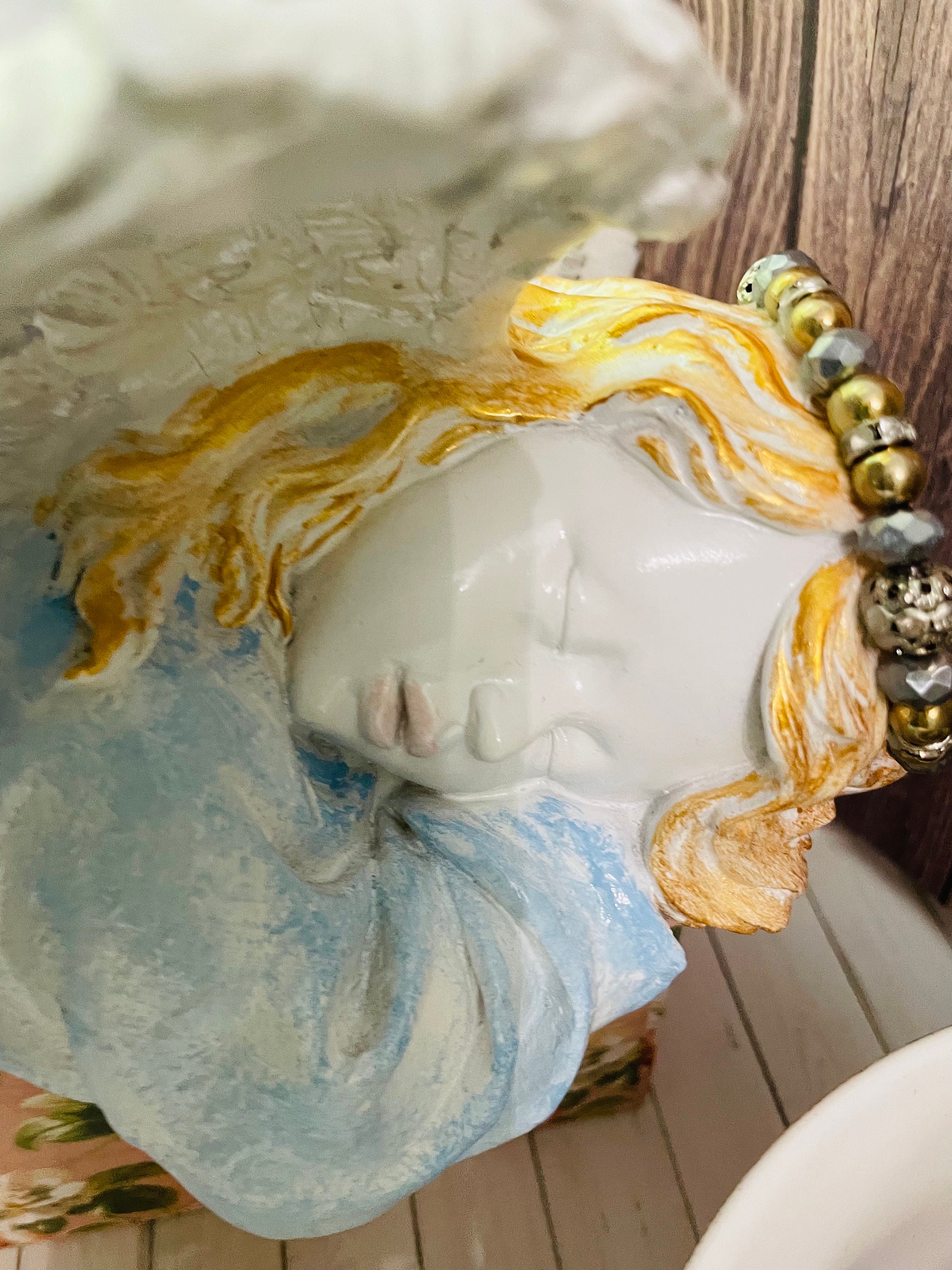 French Country Decorated Statue Sleepy Angel Shelf Sitter Crown Vintage ...