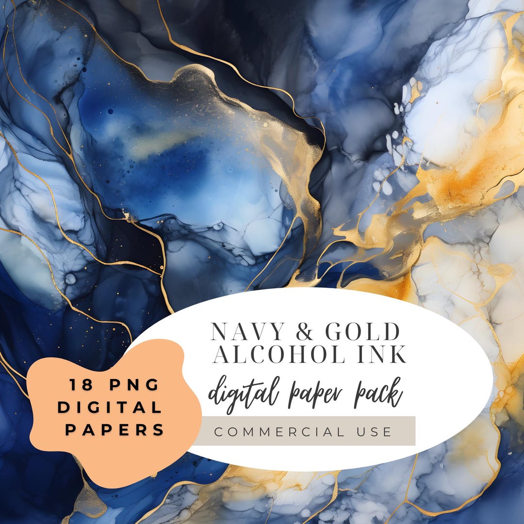 Navy Gold Alcohol Ink Watercolor Illustration (digital Download 12"x12 ...