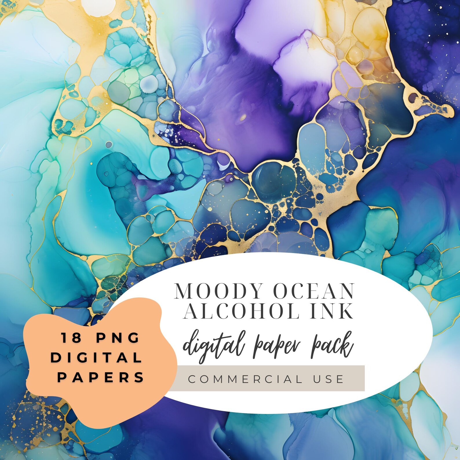 Ocean Purple Blue Alcohol Ink Watercolor Illustration (digital Download ...