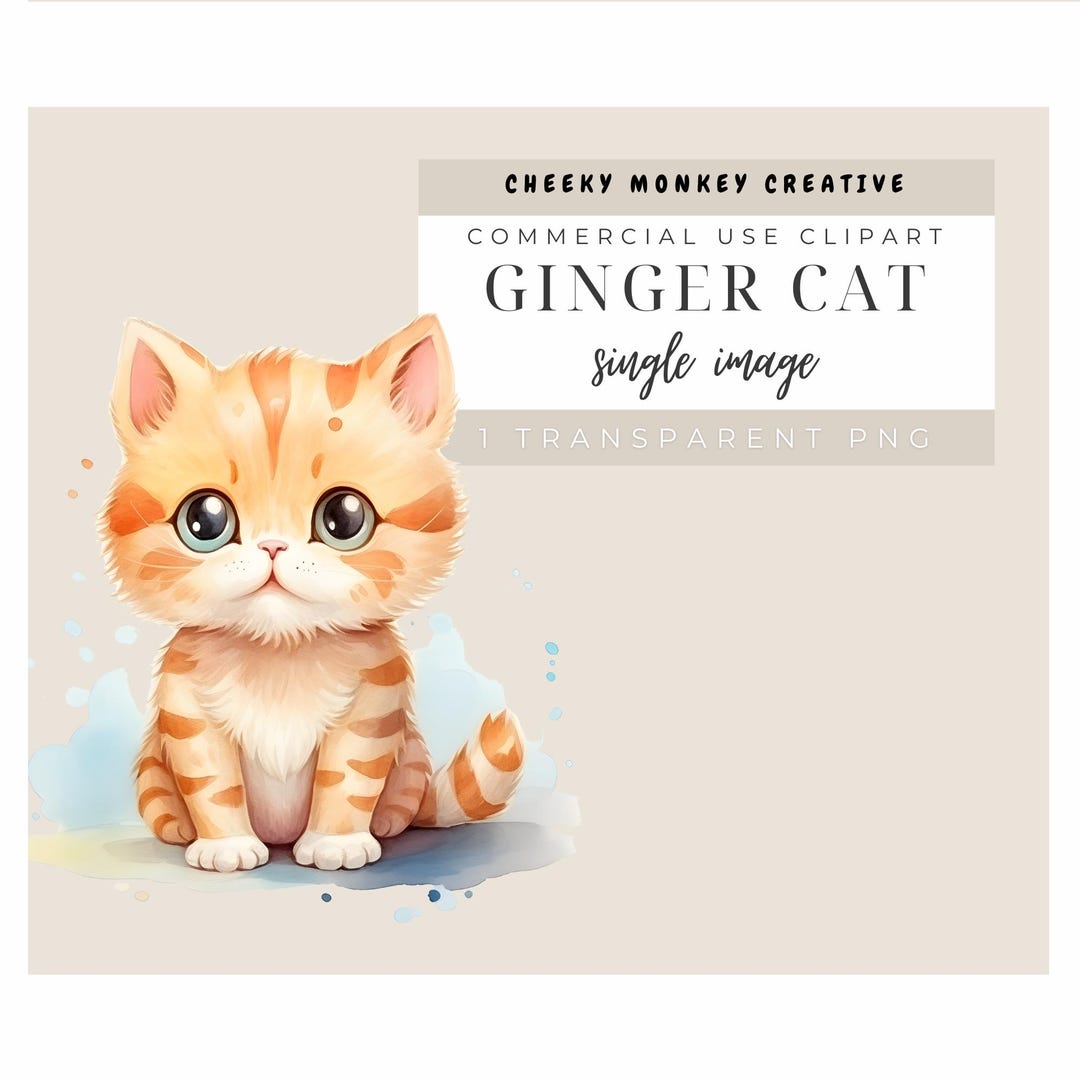 Cute Ginger Cat Clipart, SINGLE IMAGE, Commercial License, Watercolor ...