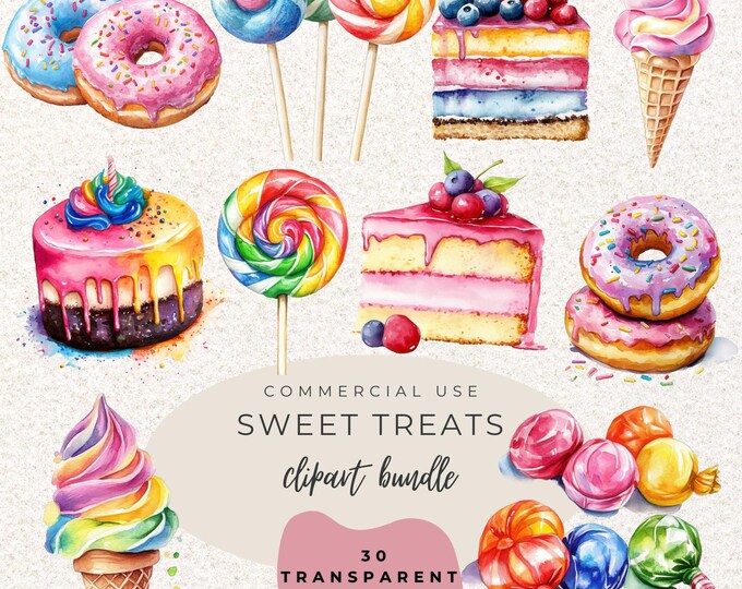 Sweet Treats Watercolor Clipart Bundle - 200 Transparent PNG, Desserts ...