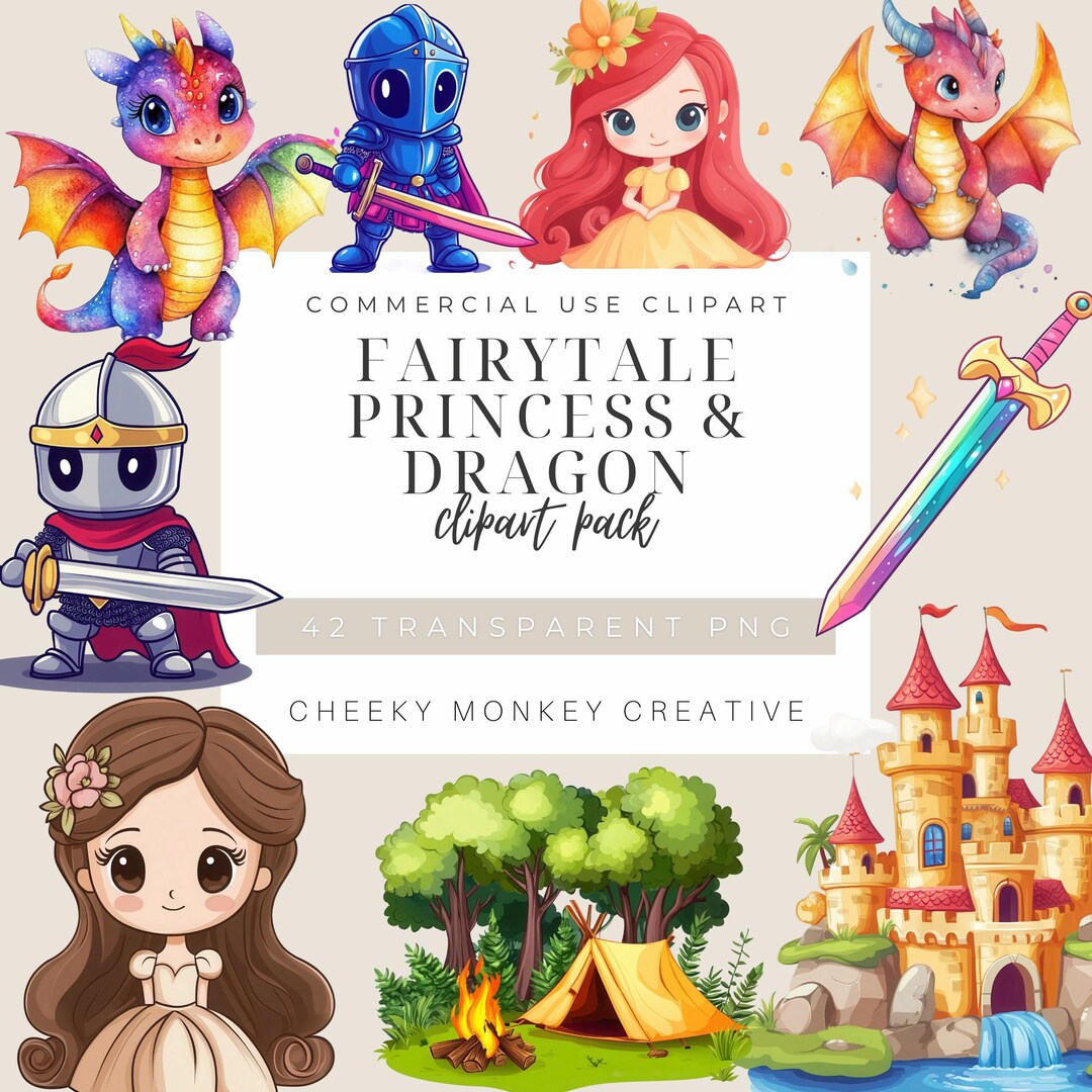 Fairytale Princess & Dragon Clipart, Fairy Tale Clip Art, Watercolour ...